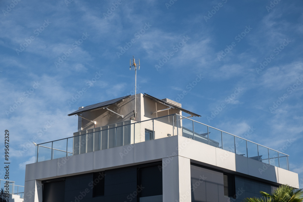 side view of a modern architecture individual house with an ...