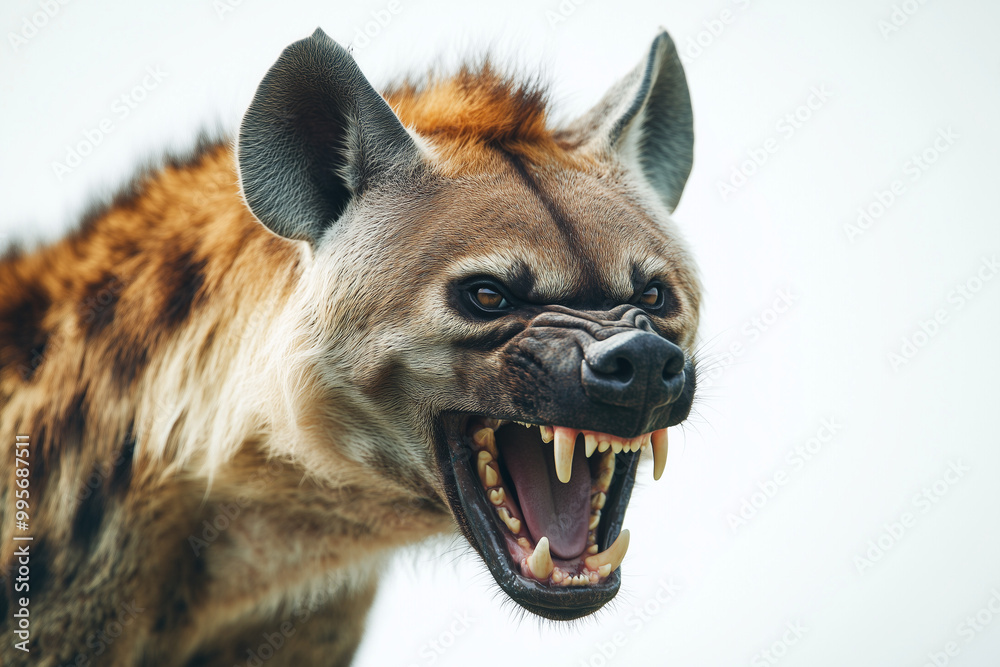 Spotted Hyena Growling A close-up of a spotted hyena growling, exposing ...