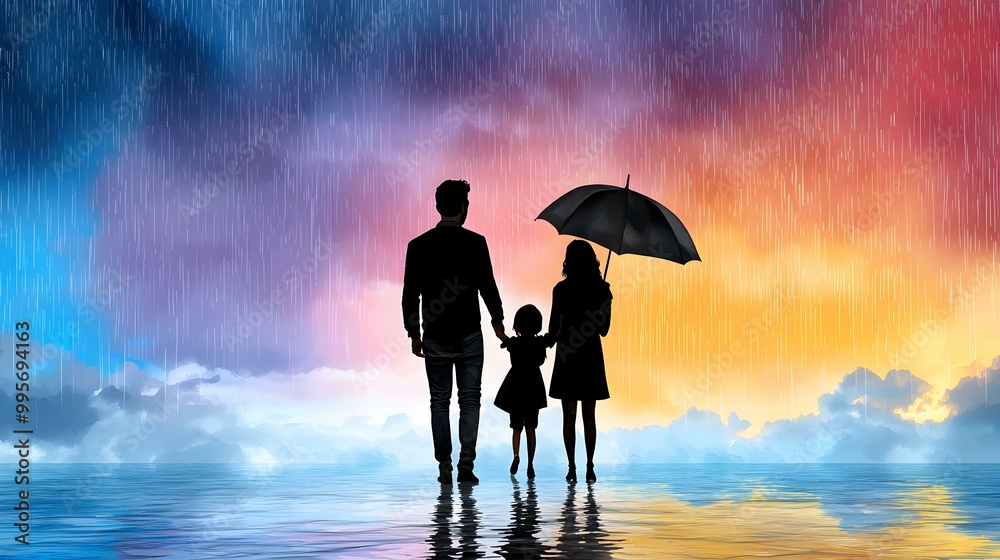Family bond strengthened under a gentle rain shower, warm smiles ...
