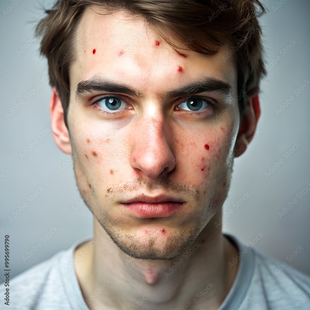 Pimple on face of man, facial skin problem. Allergic redness, spot with ...