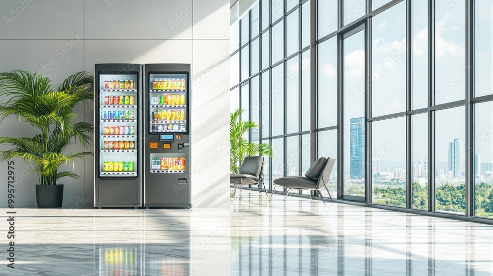 Two modern vending machines are located in the lobby of a contemporary ...