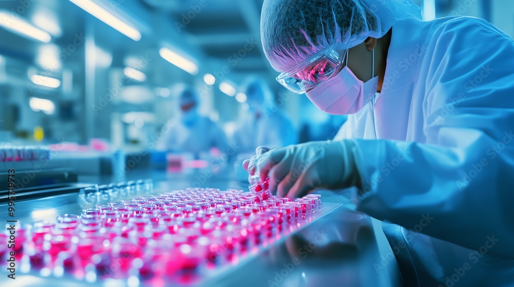 Workers in a pharmaceutical lab packaging and labeling medication ...