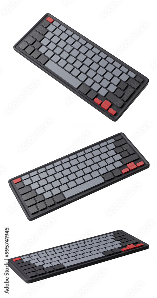 Three views of a mechanical keyboard with gray and red keycaps ...