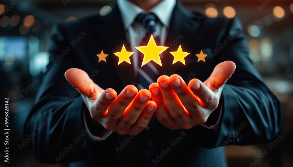 Businessman holding five stars in hand with bokeh background. Customer satisfaction rating ...