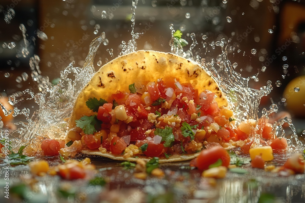 artisanal taco floating in surreal kitchen ingredients exploding in ...