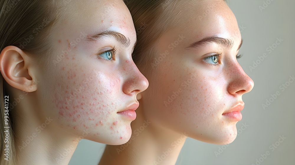 Acne treatment comparison showing a young woman with deep facial acne ...