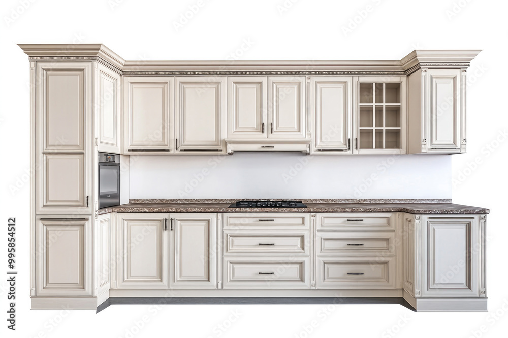 Classic beige kitchen cabinets with intricate detailing and a dark ...