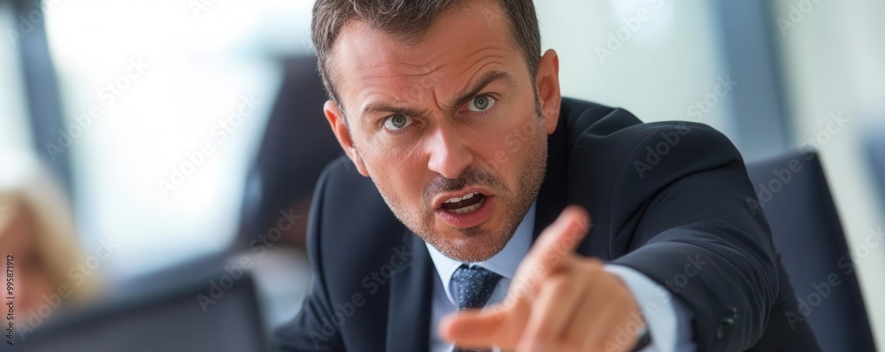 Frustrated businessman expressing anger in an office setting ...