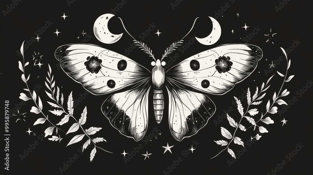 Mystical celestial moth or butterfly clipart featuring a magical black ...