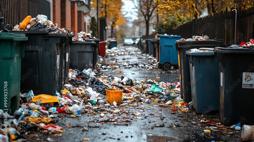 Overflowing dumpsters in an urban alley, garbage spilling into the ...
