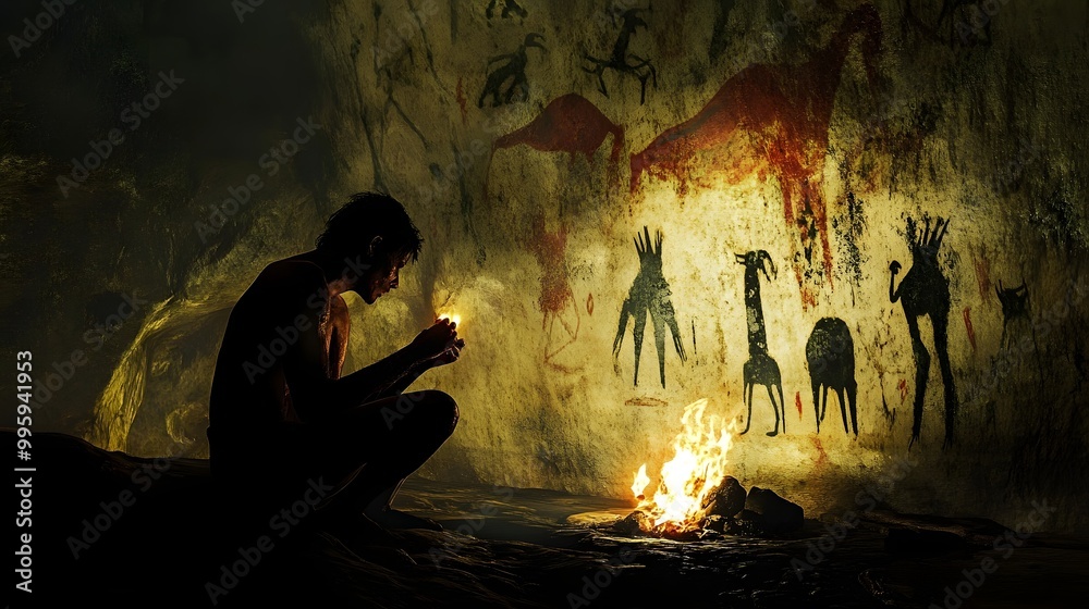 5. A primal cave dweller illuminated by firelight, surrounded by ...