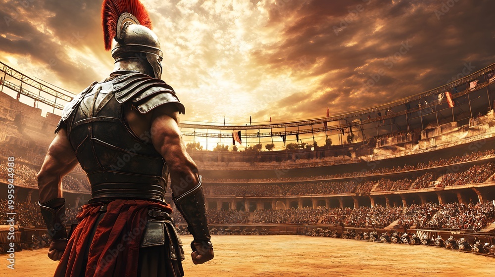 7. An ancient gladiator in full armor, ready to fight in a grand arena ...