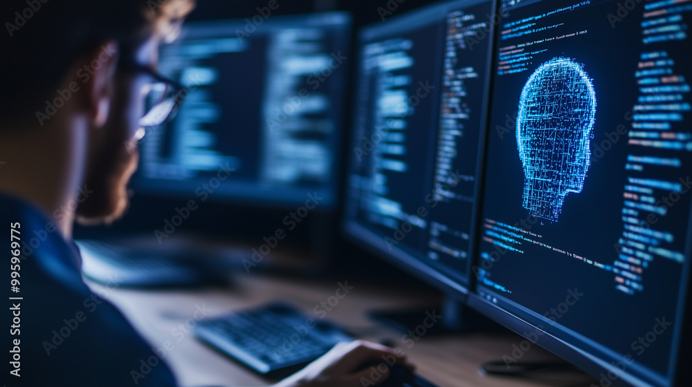 Team of developers coding an AI algorithm on multiple screens in a dark ... Team of developers coding an AI algorithm on multiple screens in a dark ...