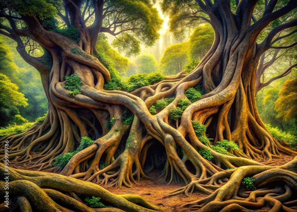 Twisted tree roots transform into curved, scaled beings amidst an ...