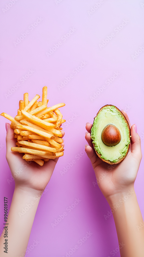 Hand holding french fries and avocado toast on a lavender pastel ...
