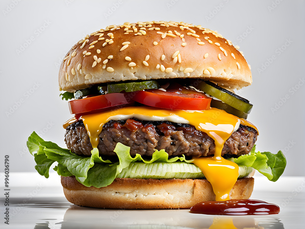 Close up of one burger assembly in a dance of flavors side view ...