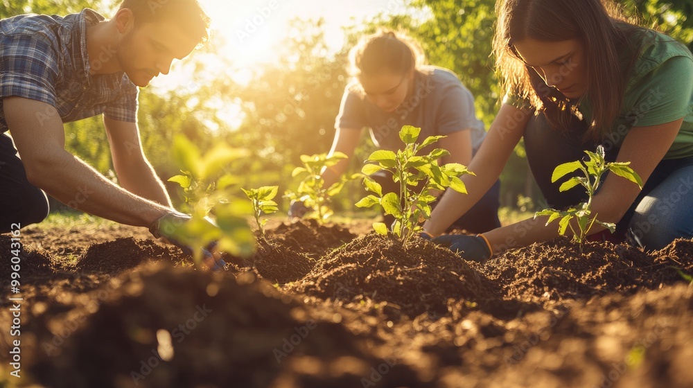 Three people plant saplings in a garden. This image depicts the act of ...