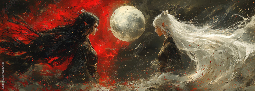 Battle scene between two female demon soldiers, in an anime style ...