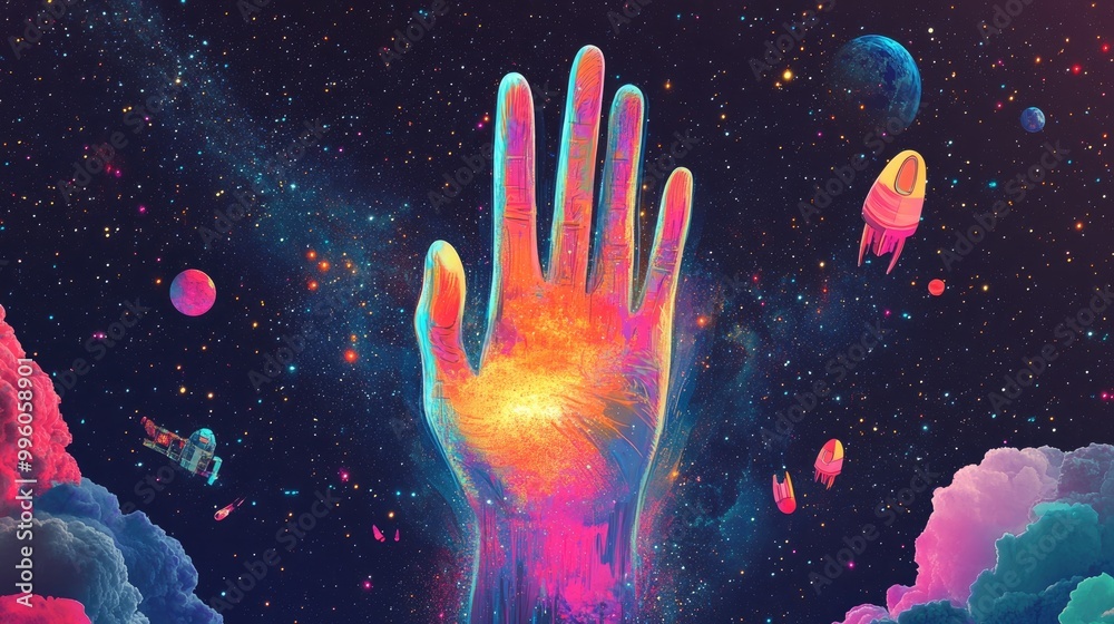 Surreal 2d illustration of a hand featuring finger characters in space ...