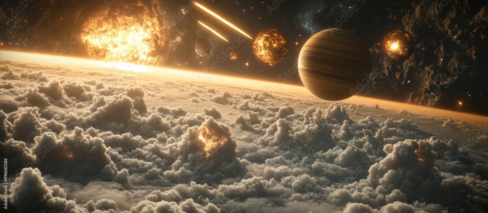 Surreal 3D rendering of Saturn and its moon Titan within the solar ...