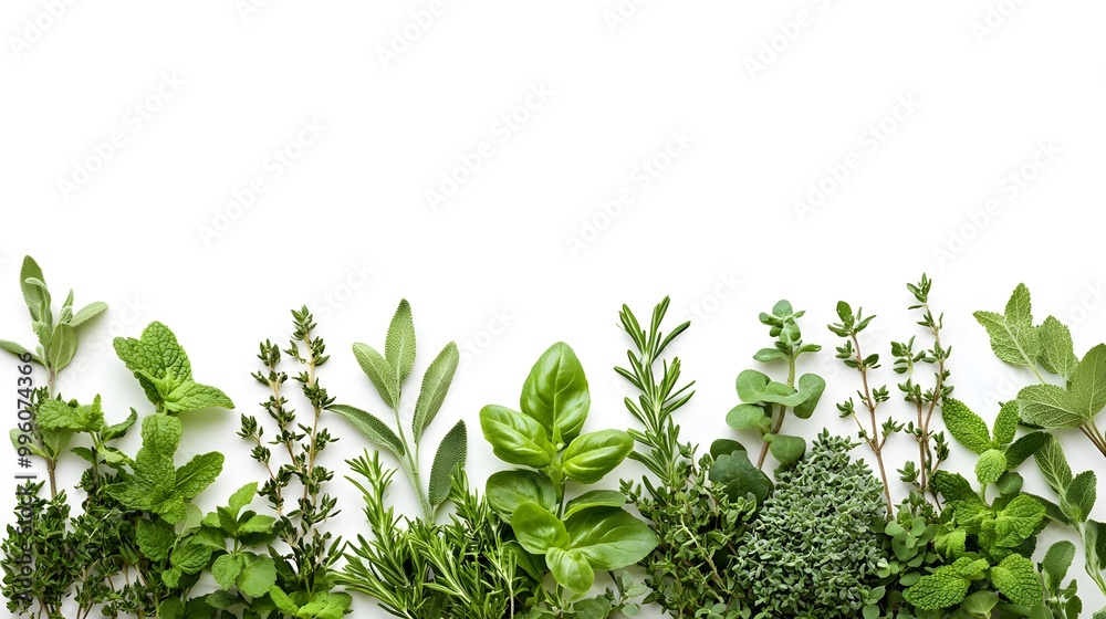 Diverse herbs and plants in a horizontal line, highlighting vibrant ...