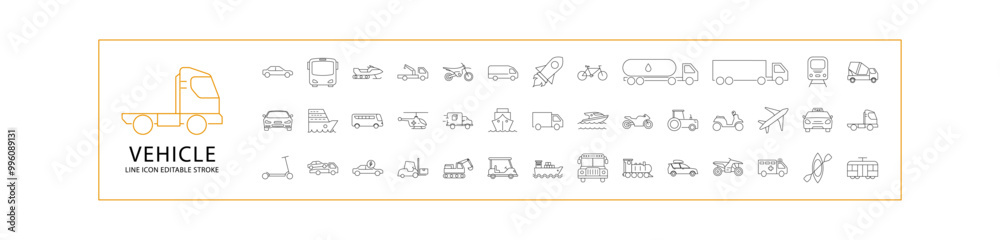 Vehicle Icon Set. Vehicle Line Icons. Containing transport, car, bus ...
