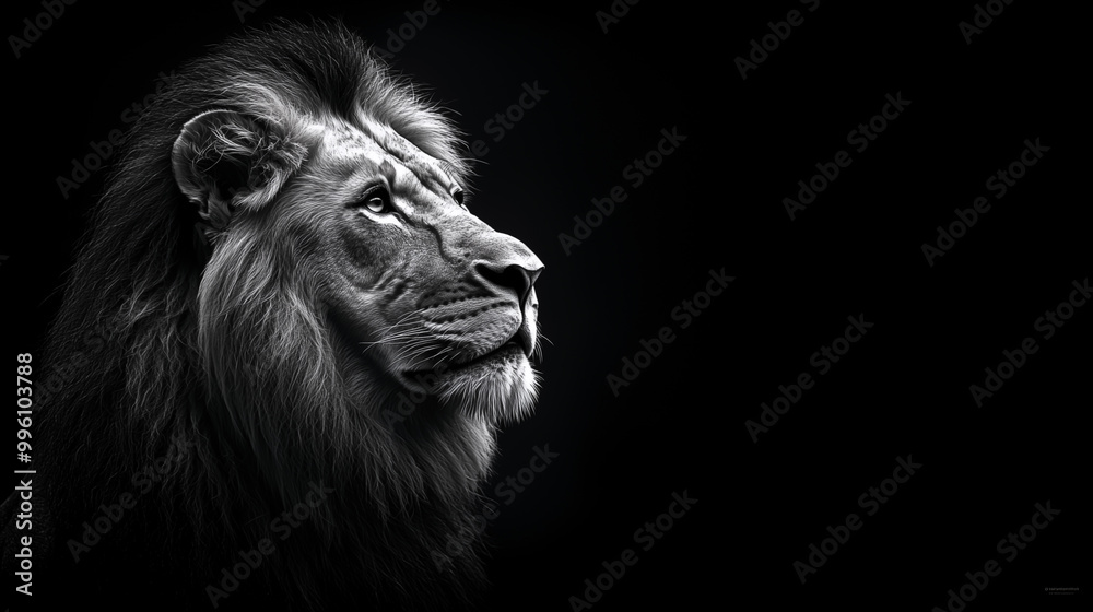 Lion in profile on a dark background, high contrast, black and white ...