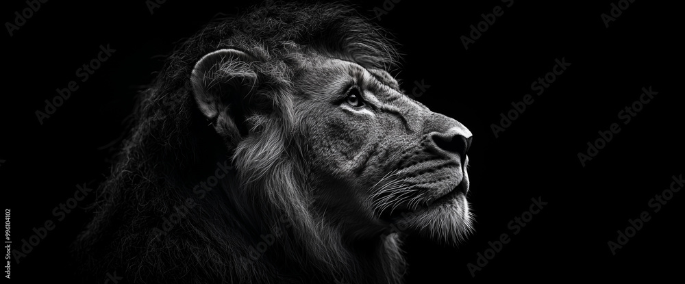 Lion in profile on a dark background, high contrast, black and white ...