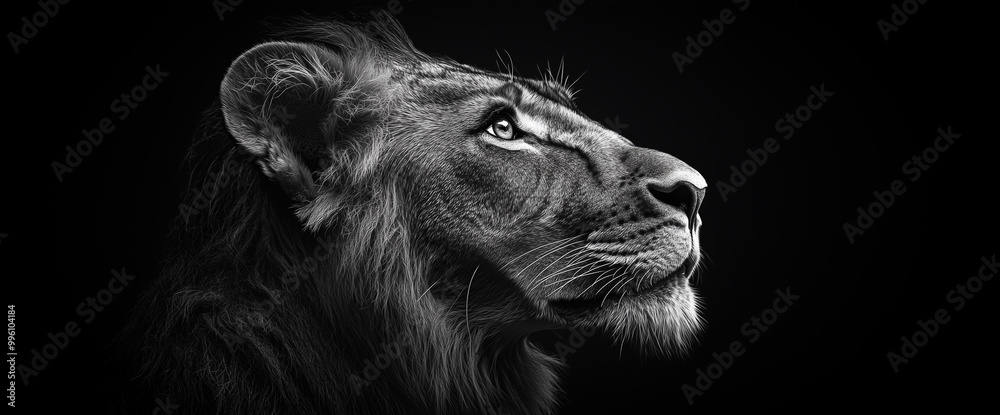 Lion in profile on a dark background, high contrast, black and white ...