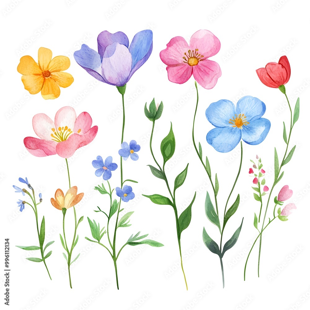 Different different Cute spring flowers, clipart, watercolor ...