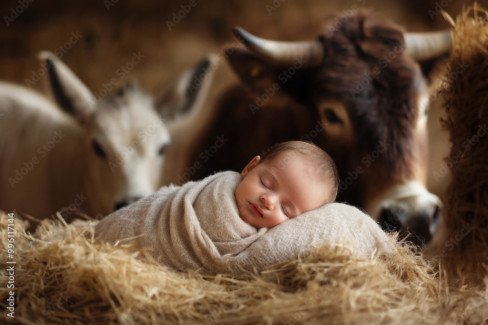 A peaceful baby wrapped in flannel rests in a manger, surrounded by an ...