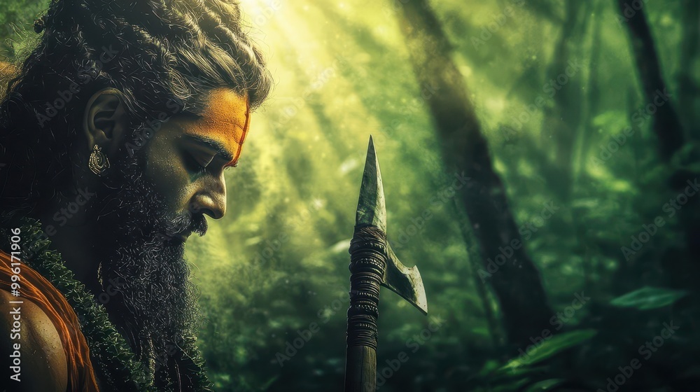 Vishnu as Parashurama, wielding an axe, ready for battle in a lush ...
