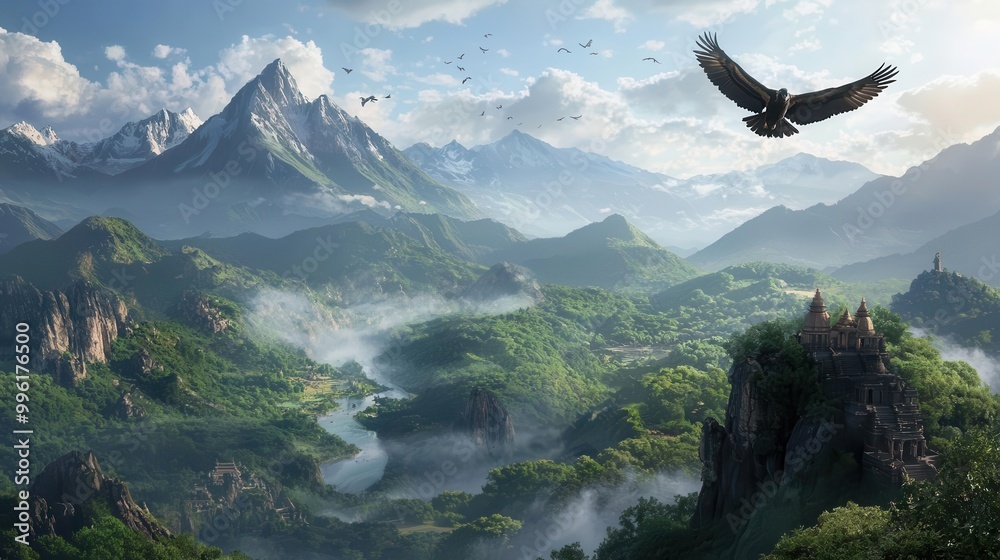 Vishnu riding Garuda, his eagle mount, soaring above mountains and ...