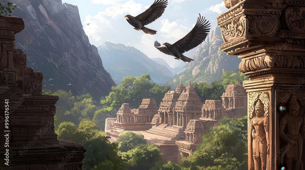 Vishnu riding Garuda, his eagle mount, soaring above mountains and ...