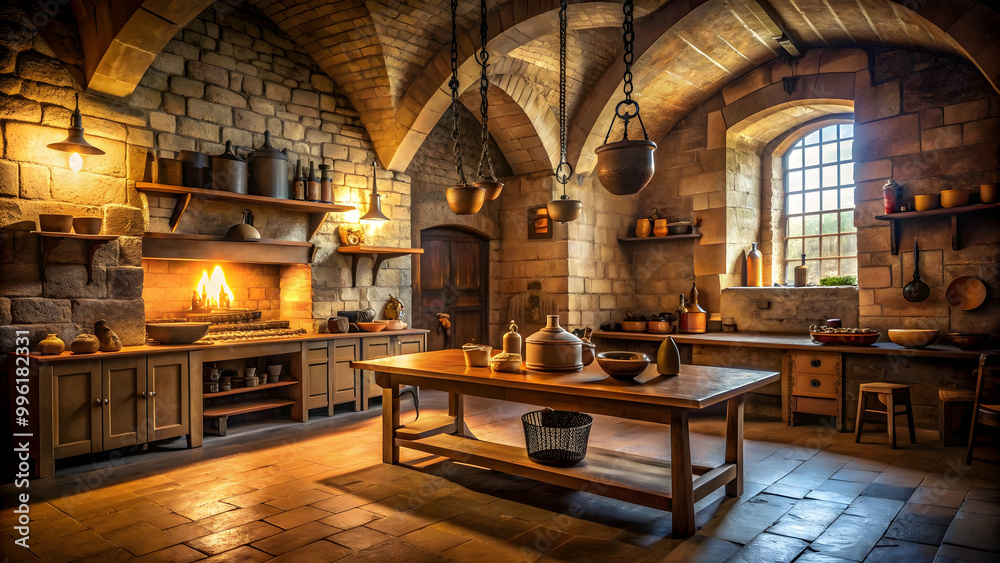 Medieval castle kitchen interior with cinematic lighting , medieval ...