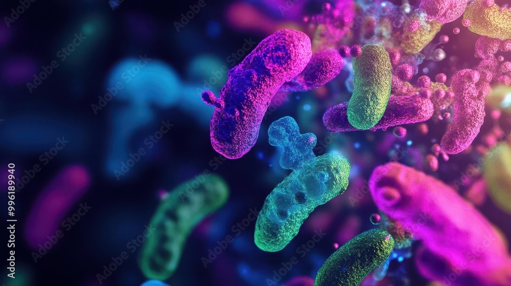 microscopic view of probiotic bacteria rendered in vibrant colors against a dark background ...