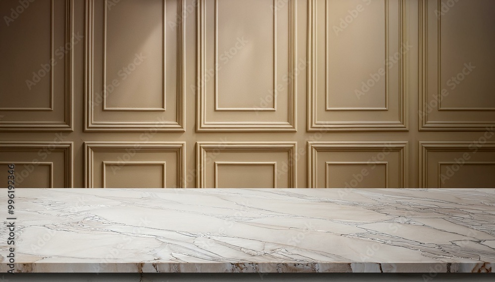 Beige tabletop on classic wall panels background. Empty concrete ...