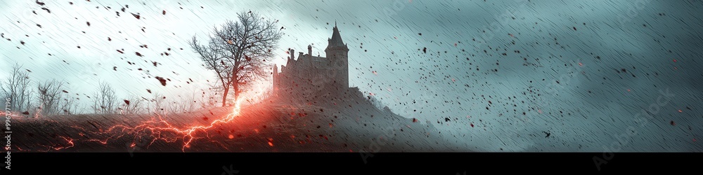 Gothic vampire castle on a hill, lightning flashing in the background ...