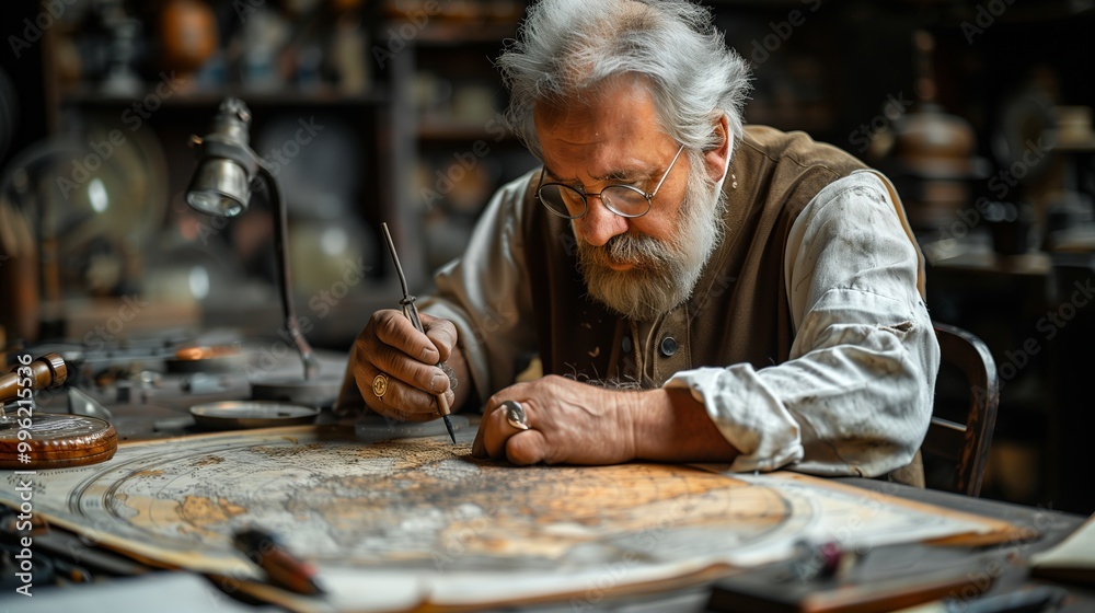 Elderly Cartographer Meticulously Details a Vintage Map in a Rustic ...