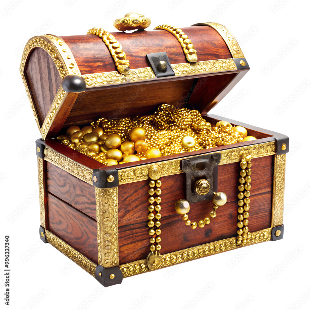 A treasure chest overflowing with gold coins and jewelry against a ...