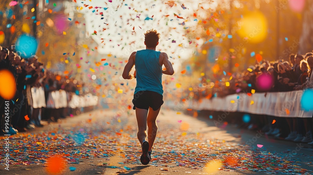 Runner on the marathon finish line in a burst of confetti, celebrating ...