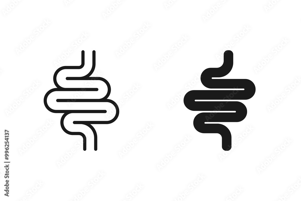 intestine icon, digestive tract, gut line and black symbol on white ...