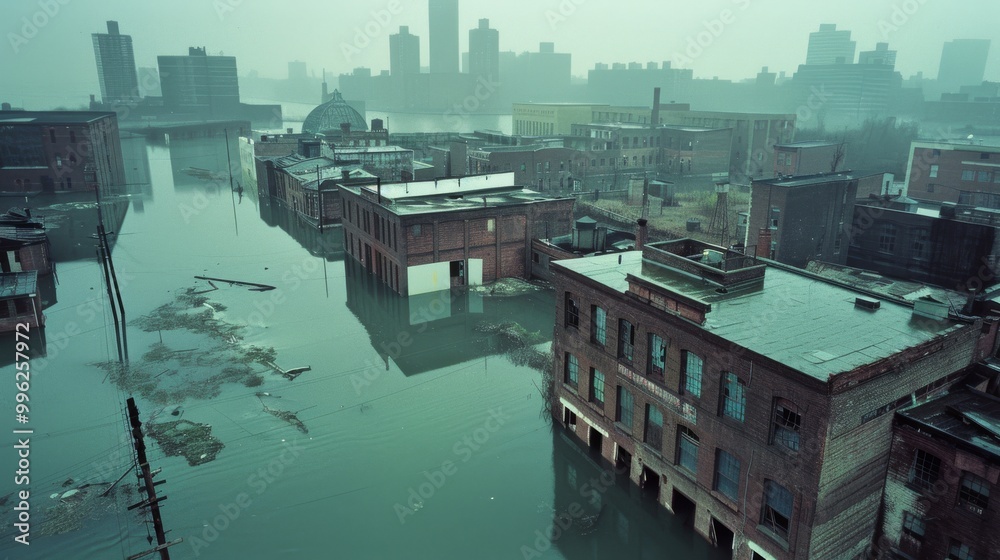 Submerged buildings in a foggy, flooded urban area depict a scenario of ...