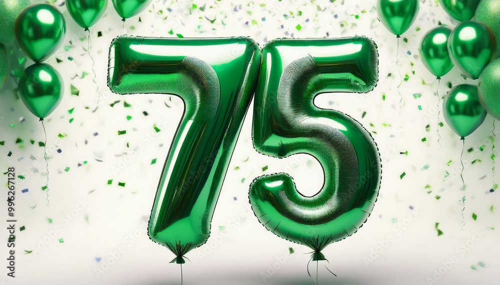 Green birthday / anniversary balloon, number 75, white background with ...