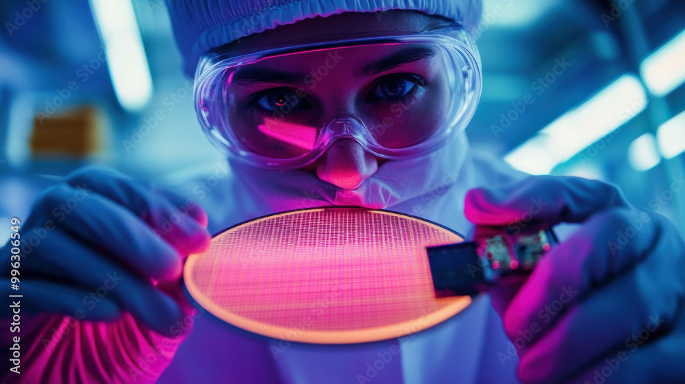 worker inspecting semiconductor wafers in cleanroom environment ...