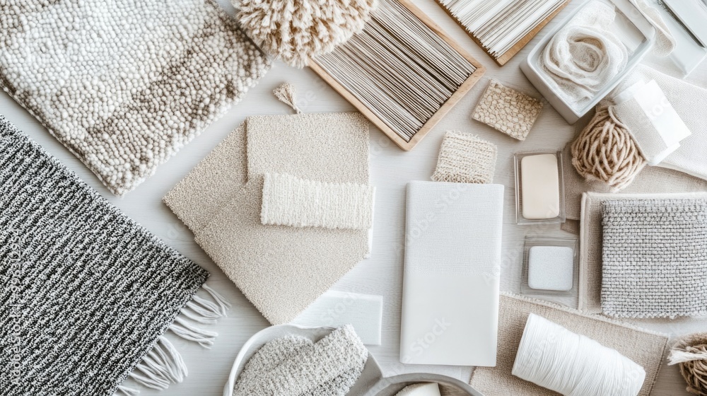 Modern flat lay composition in white and quietude color palette with ...