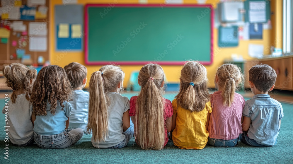 Young children observe the classroom with curiosity while seated on a ...