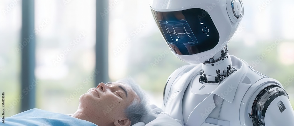 Autonomous AI medical robot performing a noninvasive diagnostic scan on a patient, AI ...