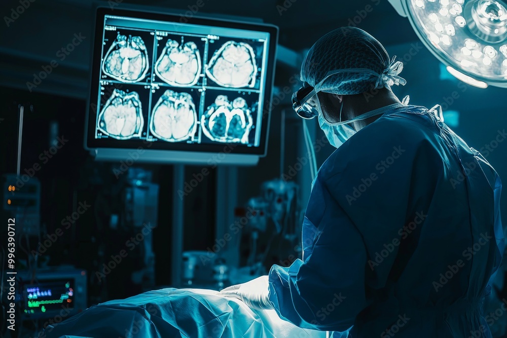 A surgeon performing a laparoscopic surgery, with a screen showing real ...