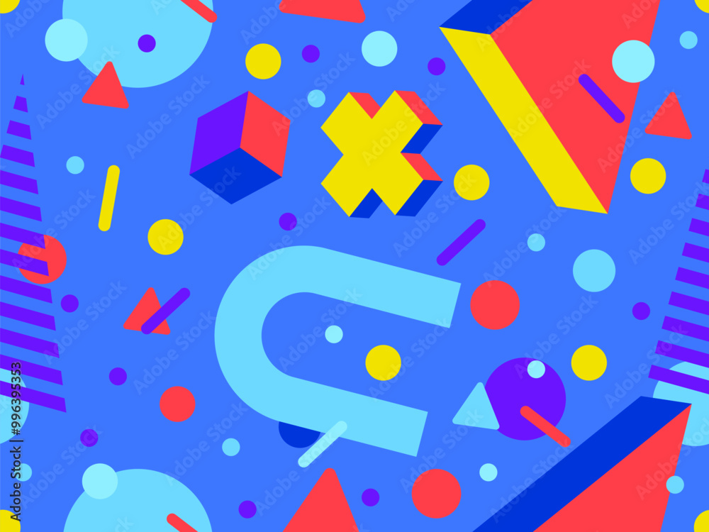 Seamless pattern with 3d geometric shapes in 80s memphis style ...